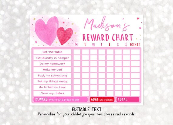 Editable Hearts Reward Chart, Hearts Behavior Chart, Pink Gold Hearts ...