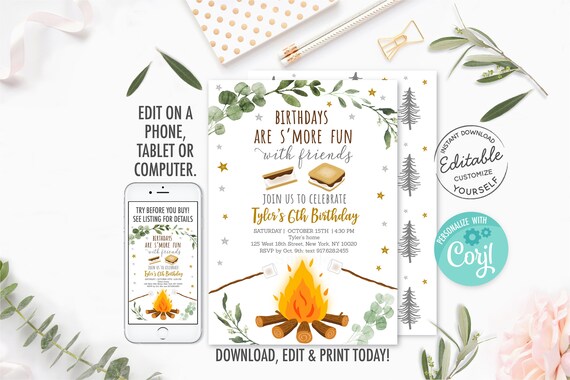 EDITABLE S'mores Birthday Invitation, Camping, Campfire, Bonfire, Smore ...