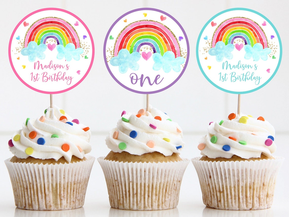 Editable Rainbow Birthday Cupcake Toppers Girls Rainbow Party Pink Gold ...