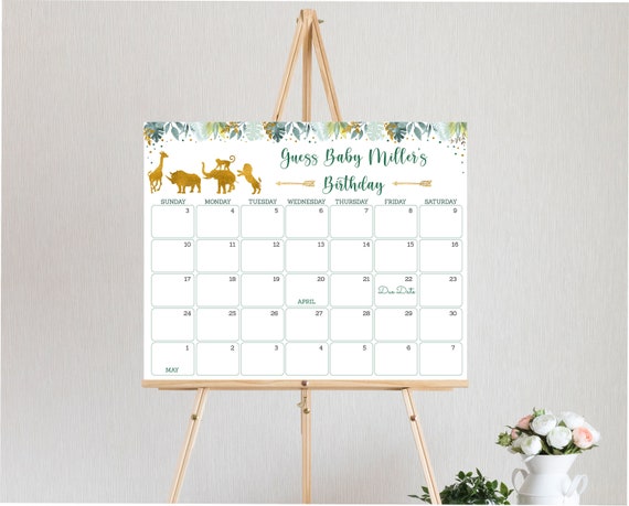 Editable Greenery Gold Safari Baby Due Date Calendar Game Wild One ...