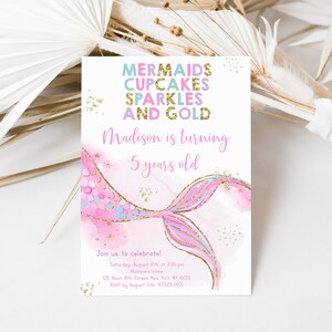 Editable Mermaid Birthday Invitation Pink Gold Mermaid Birthday Invite ...