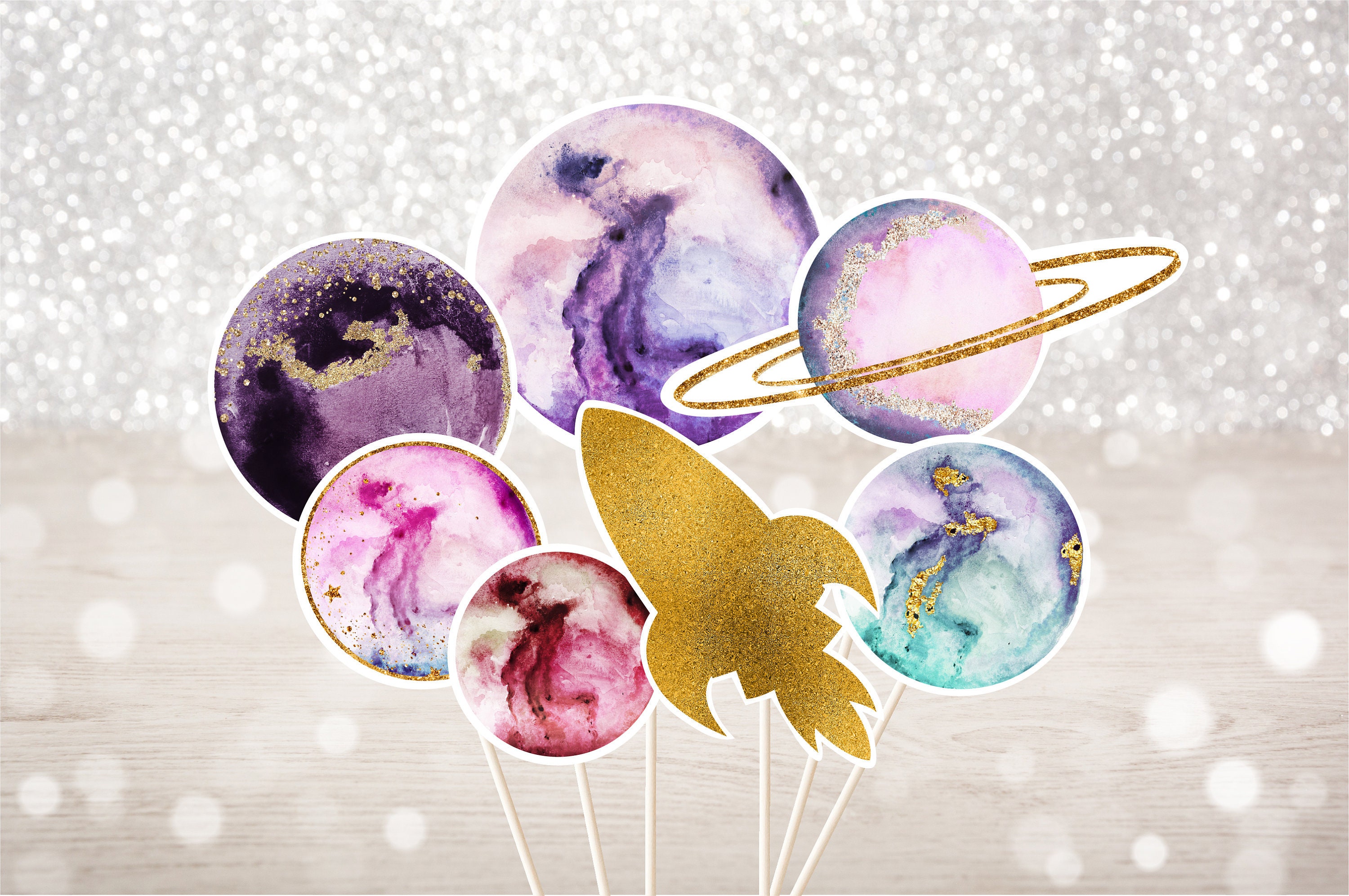 Galaxy Birthday Centerpiece Cake Toppers Cut Outs Outer Space | Etsy