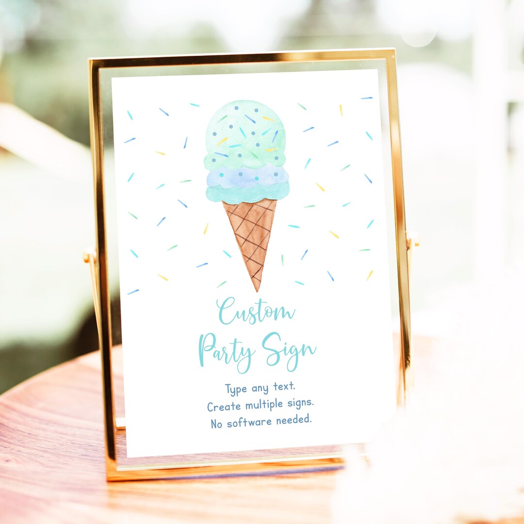 Editable Ice Cream Birthday Sign Boy Blue Ice Cream Birthday Party ...