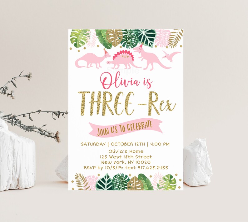 EDITABLE Pink Dinosaur Three Rex Birthday Invitation Pink & | Etsy