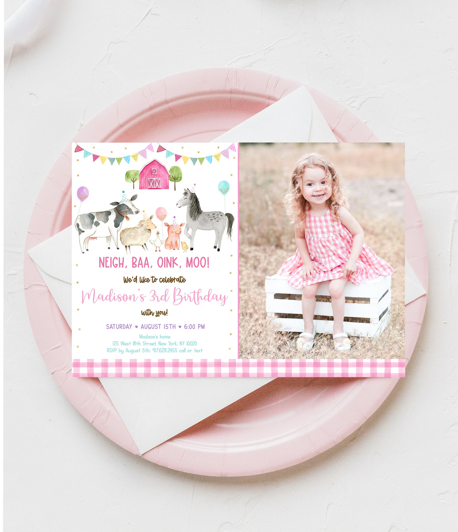 Editable Pink Farm Birthday Invitation Farm Animals Barnyard - Etsy