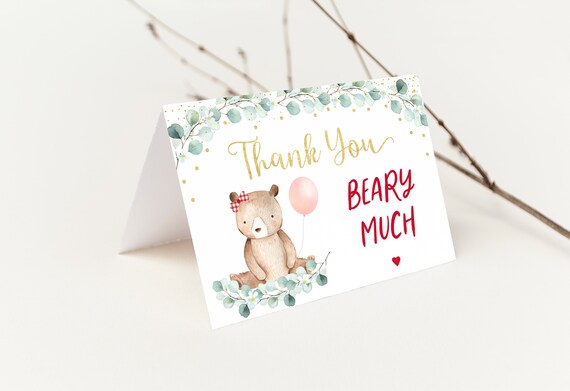 Editable Teddy Bear Birthday Thank You Card Bear with Balloons Red Gold ...