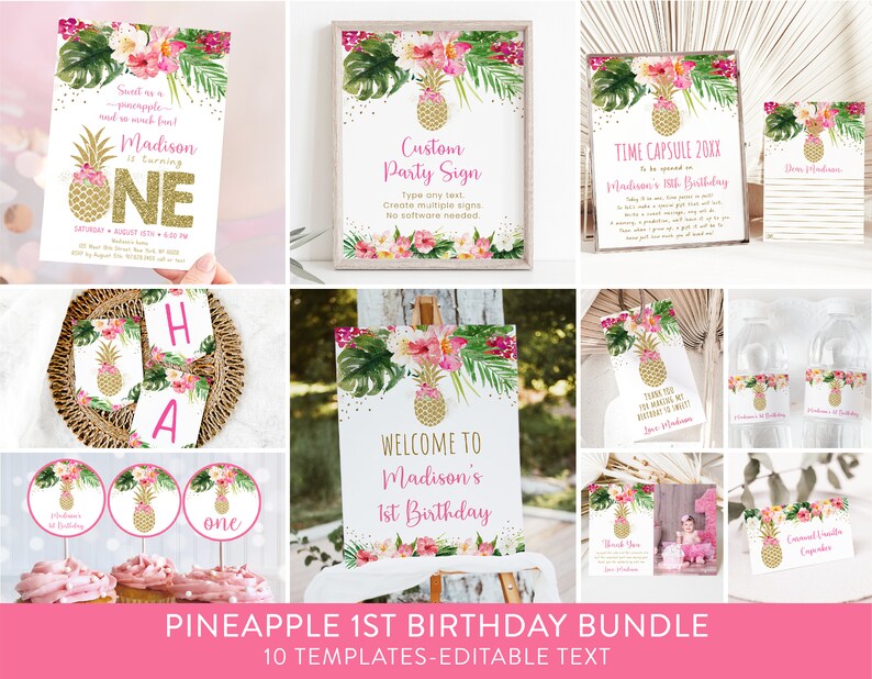 Editable Pineapple 1st Birthday Invitation Bundle Sweet as A - Etsy