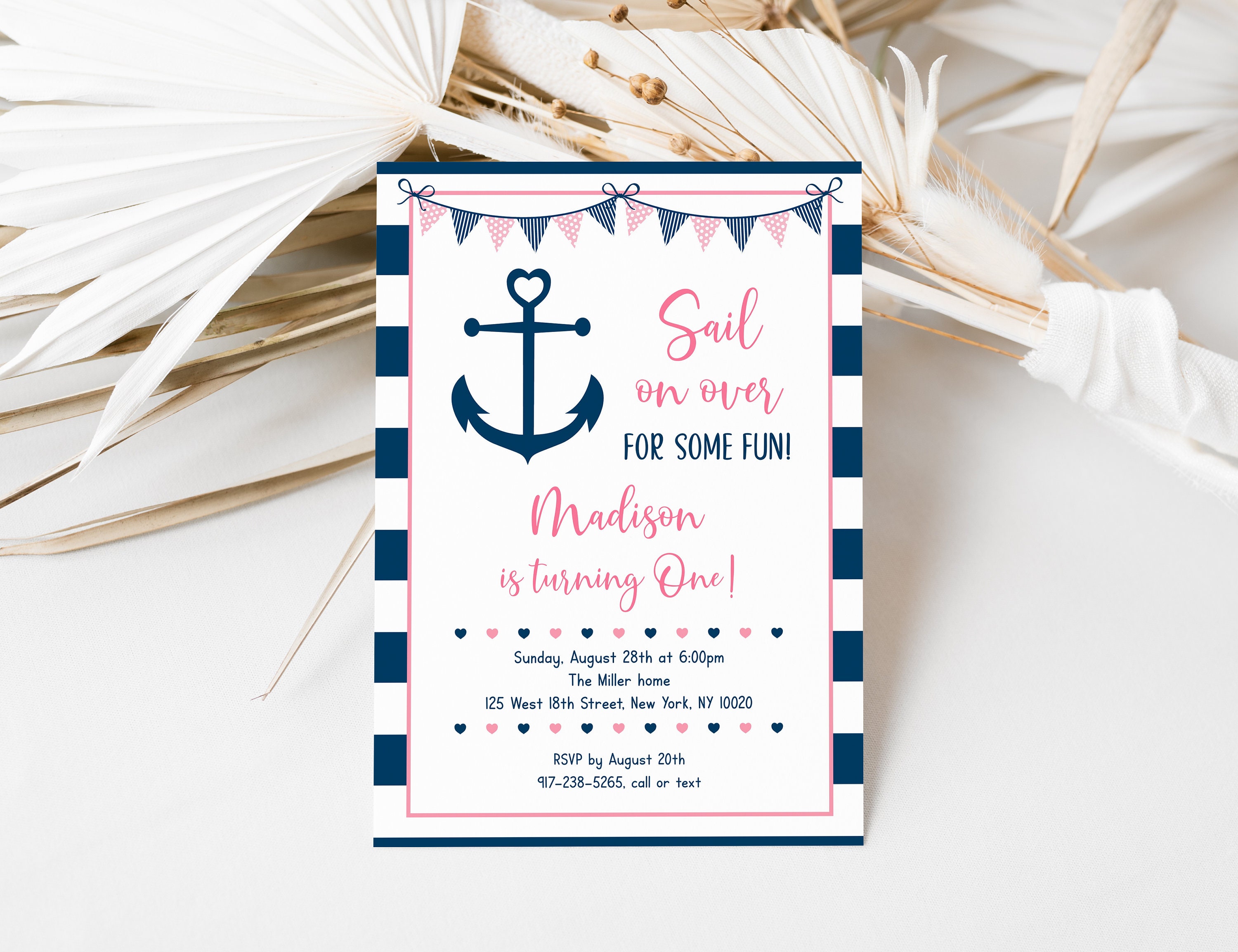 Editable Pink Nautical Birthday Invitation Anchor First Birthday Invite ...