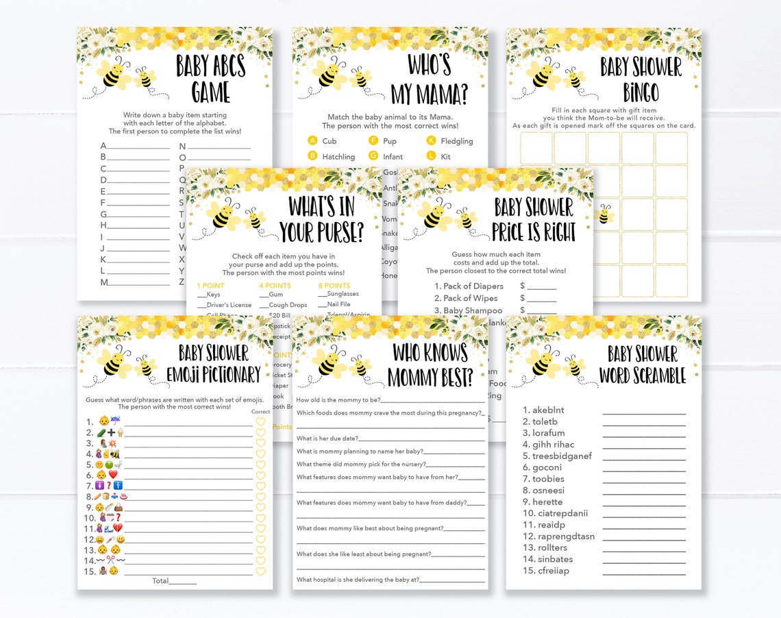 Bee Baby Shower Games Package Bumble Bee Shower Greenery | Etsy