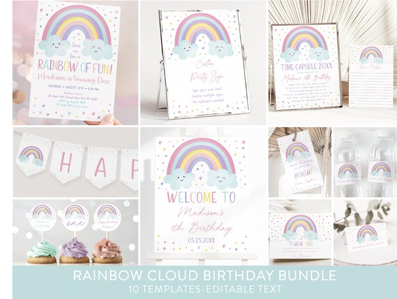 Editable Rainbow First Birthday Invitation Bundle Girls Rainbow Party ...