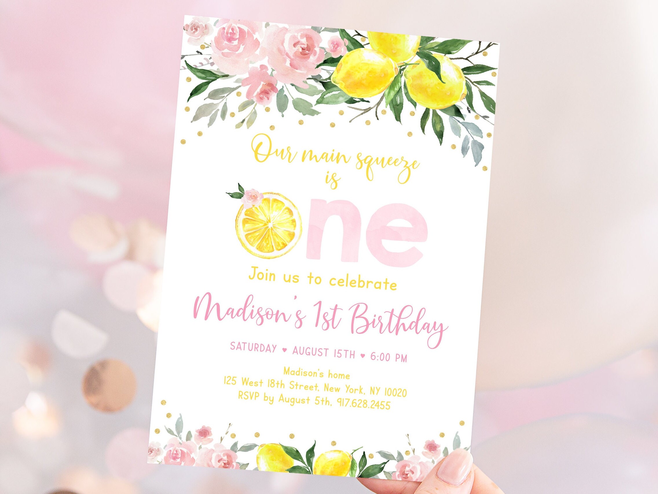 Editable Lemon First Birthday Invitation Main Squeeze is One Pink ...