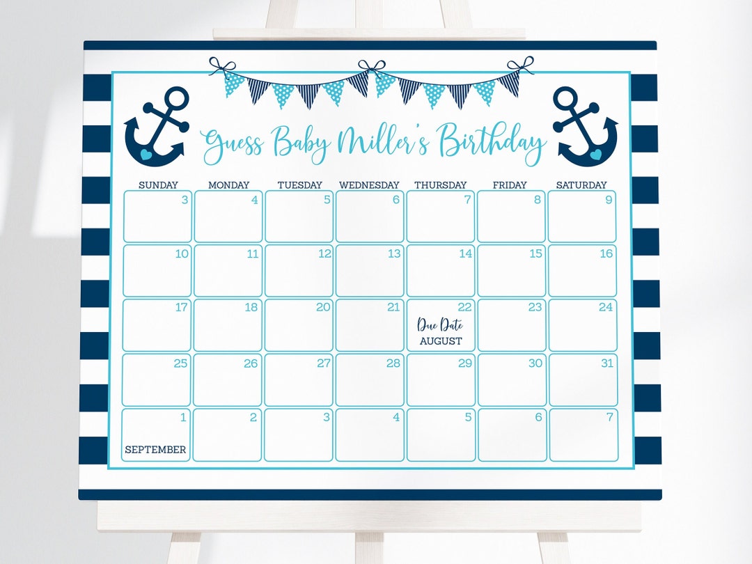 Editable Nautical Baby Due Date Calendar Game Guess Baby's Birthday ...