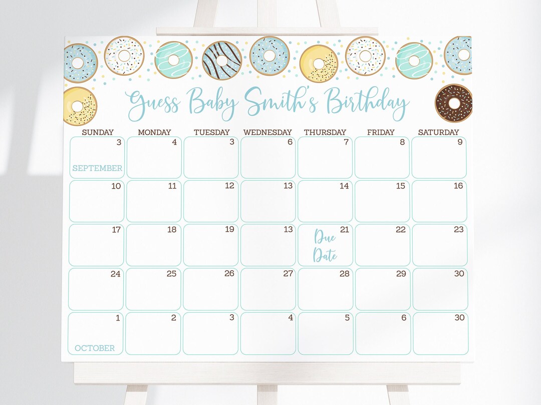 Editable Donut Baby Shower Due Date Calendar, Blue Donut Baby Sprinkle ...