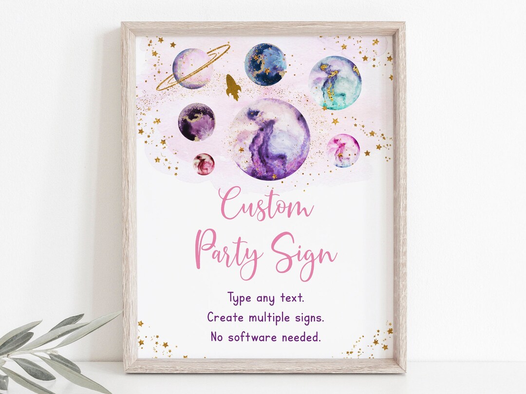 Editable Space Birthday Party Sign Pink Gold Girl Galaxy Planets Rocket ...