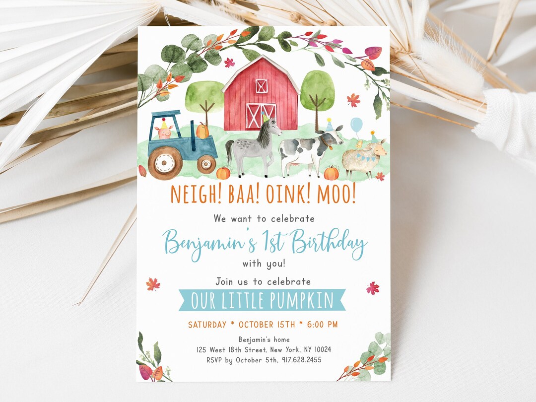 Editable Fall Farm Birthday Invitation Farm Animals Pumpkin Barnyard ...