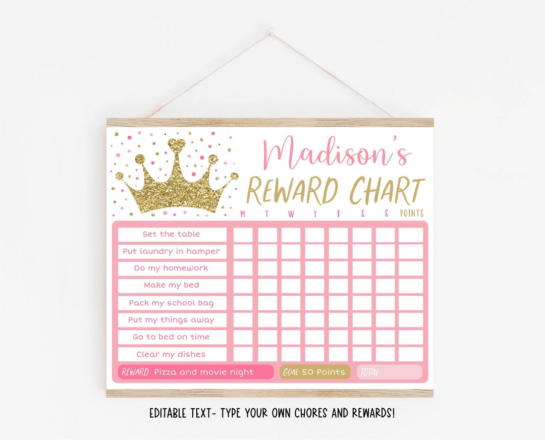 Editable Princess Reward Chart, Princess Behavior Chart, Pink & Gold ...