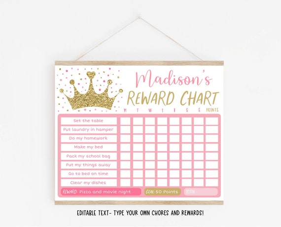 Editable Princess Reward Chart, Princess Behavior Chart, Pink & Gold ...