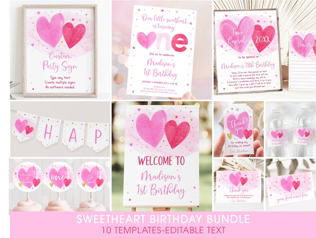 Editable Little Sweetheart First Birthday Invitation Bundle Pink Red ...