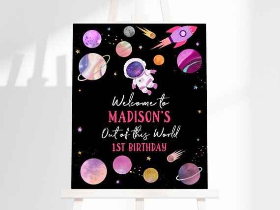Editable Space Birthday Welcome Sign Pink Girl Astronaut Galaxy Planets ...