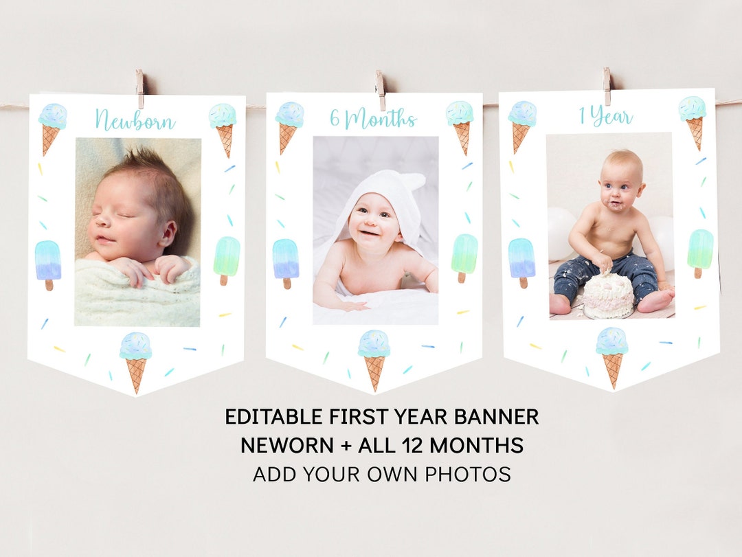 Ice Cream First Birthday Banner Monthly Photo Banner Blue Boy Ice Cream ...