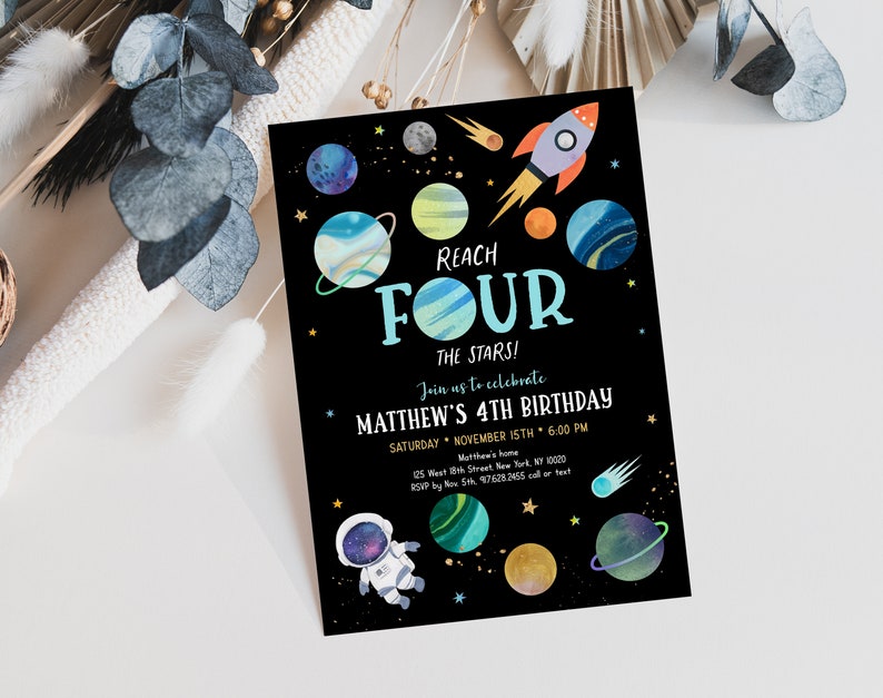 Editable Space Fourth Birthday Invitation Reach FOUR the Stars Invite ...