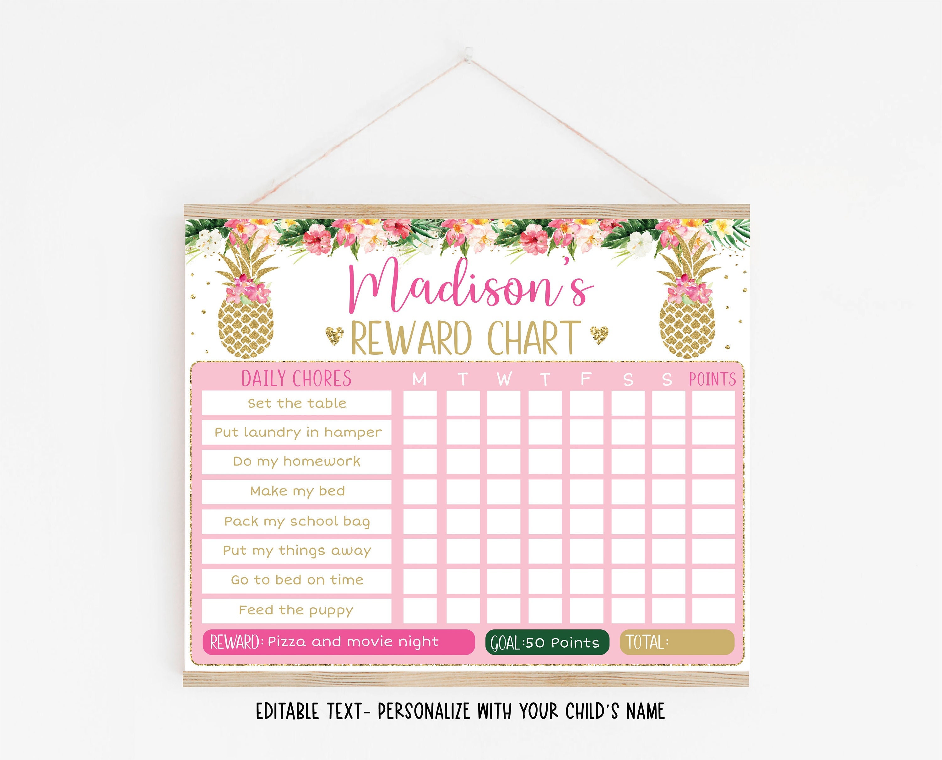 Editable Pineapple Reward Chart, Chore Chart, Behavior Chart, Girl ...