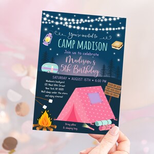 Editable Girl Camping Birthday Invitation Camping Sleepover Party ...