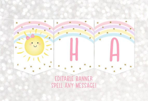 Editable Sunshine Rainbow Birthday Banner Girl Sunshine Rainbow Party ...
