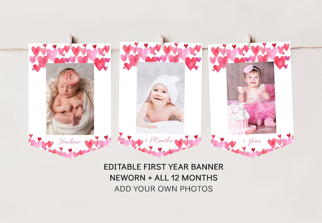 Hearts First Birthday Banner Monthly Photo Banner First Year Banner ...