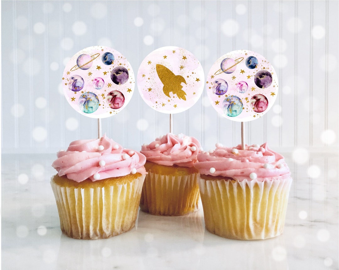 Galaxy Birthday Cupcake Toppers Pink Gold Girl Galaxy Birthday Planets ...