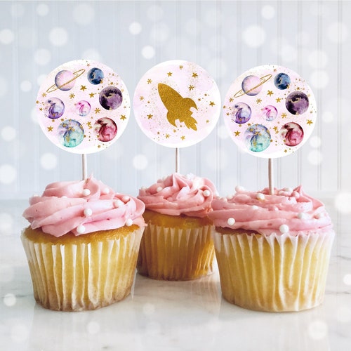 Galaxy Birthday Cupcake Toppers Blue Gold Boy Girl Galaxy - Etsy