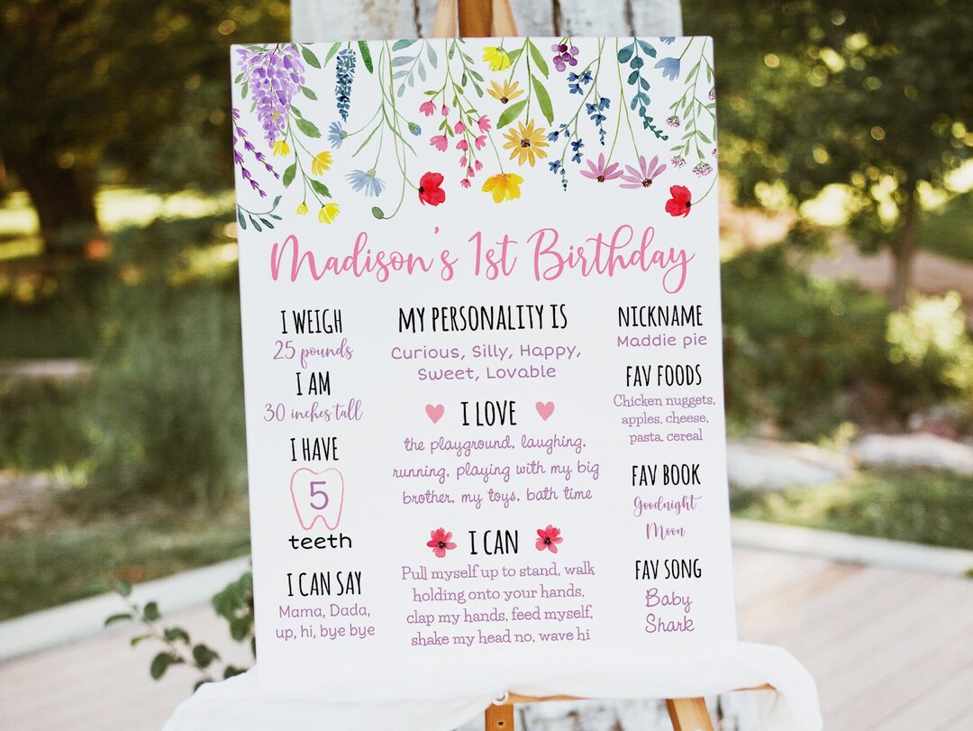 Editable Wildflower First Birthday Milestone Sign Watercolor Wildflower ...
