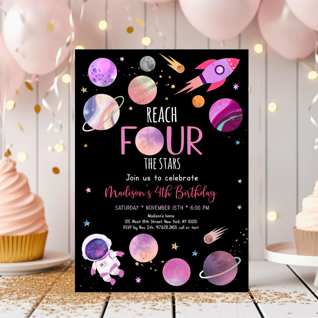 Editable Space Birthday Invitation Reach FOUR the Stars Birthday Invite ...