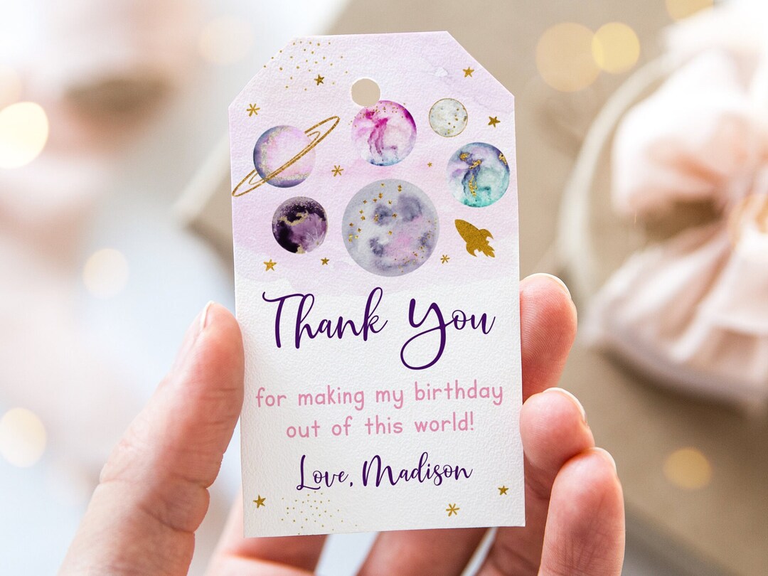 Editable Space Birthday Thank You Tags Favor Tags Pink Gold Galaxy ...