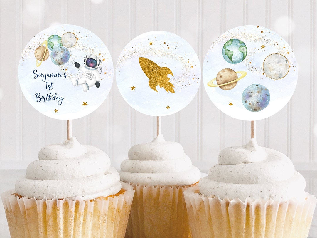 Editable Astronaut Cupcake Toppers Blue Gold Astronaut Galaxy Space ...