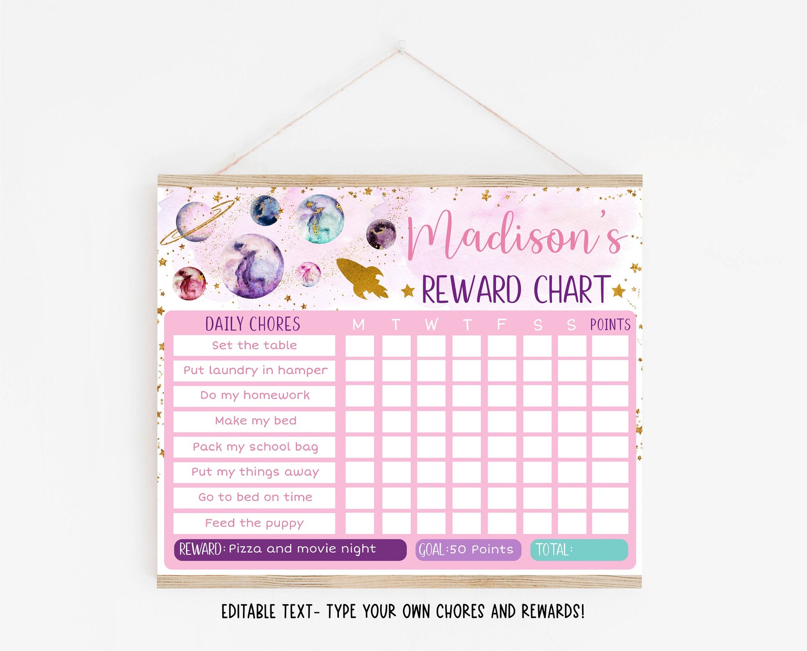 Editable Space Reward Chart Pink Gold Galaxy Rocket Ship Stars - Etsy