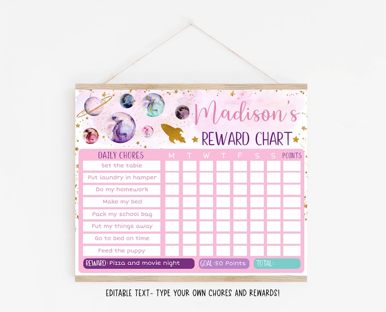 Editable Space Reward Chart Pink Gold Galaxy Rocket Ship Stars - Etsy