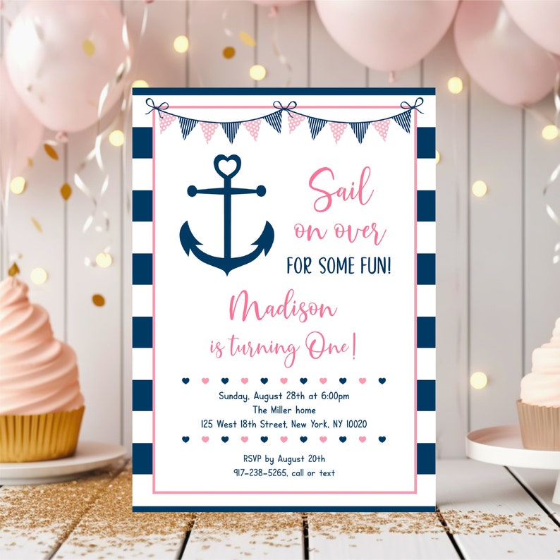 Editable Pink Nautical Birthday Invitation Anchor First Birthday Invite ...