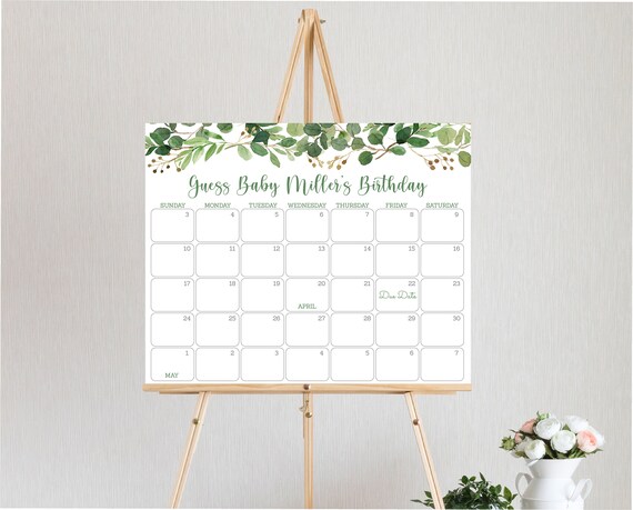 Editable Green Floral Baby Due Date Calendar Game Rustic Greenery Baby ...