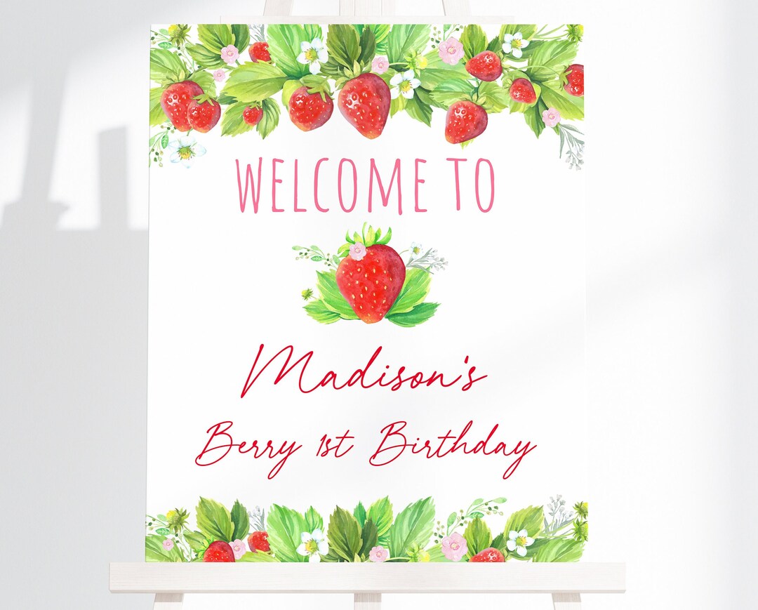 Editable Strawberry Birthday Welcome Sign Strawberry Party - Etsy
