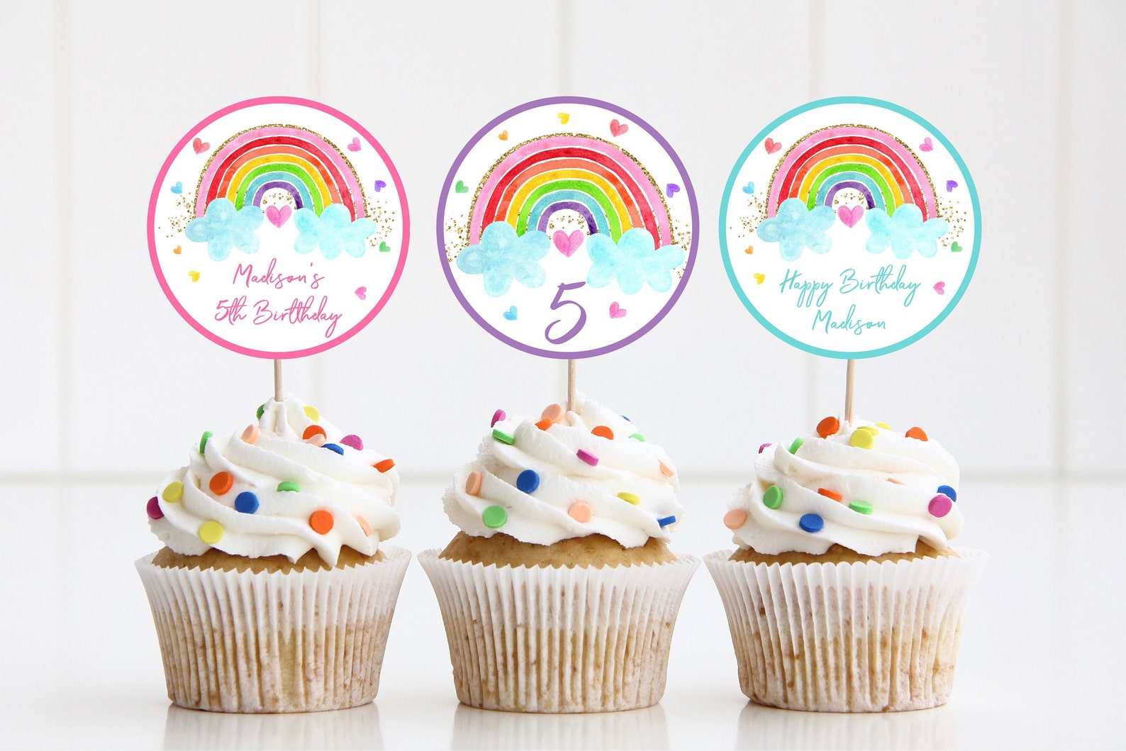 Editable Rainbow Birthday Cupcake Toppers Girls Rainbow Party | Etsy