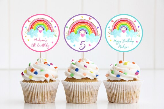 Editable Rainbow Birthday Cupcake Toppers Girls Rainbow Party Pink Gold ...