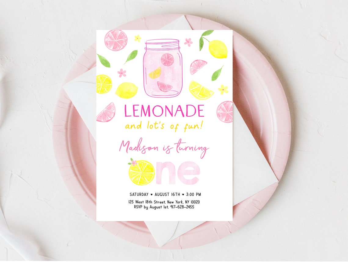 Editable Pink Lemonade First Birthday Invitation Pink - Etsy