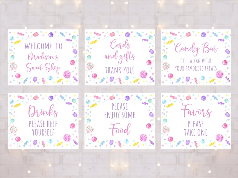 Editable Sweet One Candy Shop Birthday Signs Table Signs Set of 6 Party ...