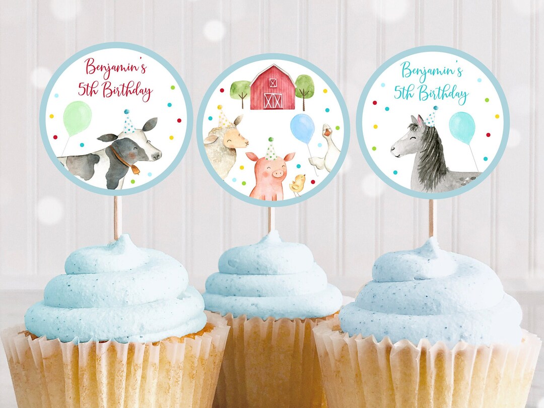 Editable Farm Birthday Cupcake Toppers Boy Farm Party Barnyard Birthday ...