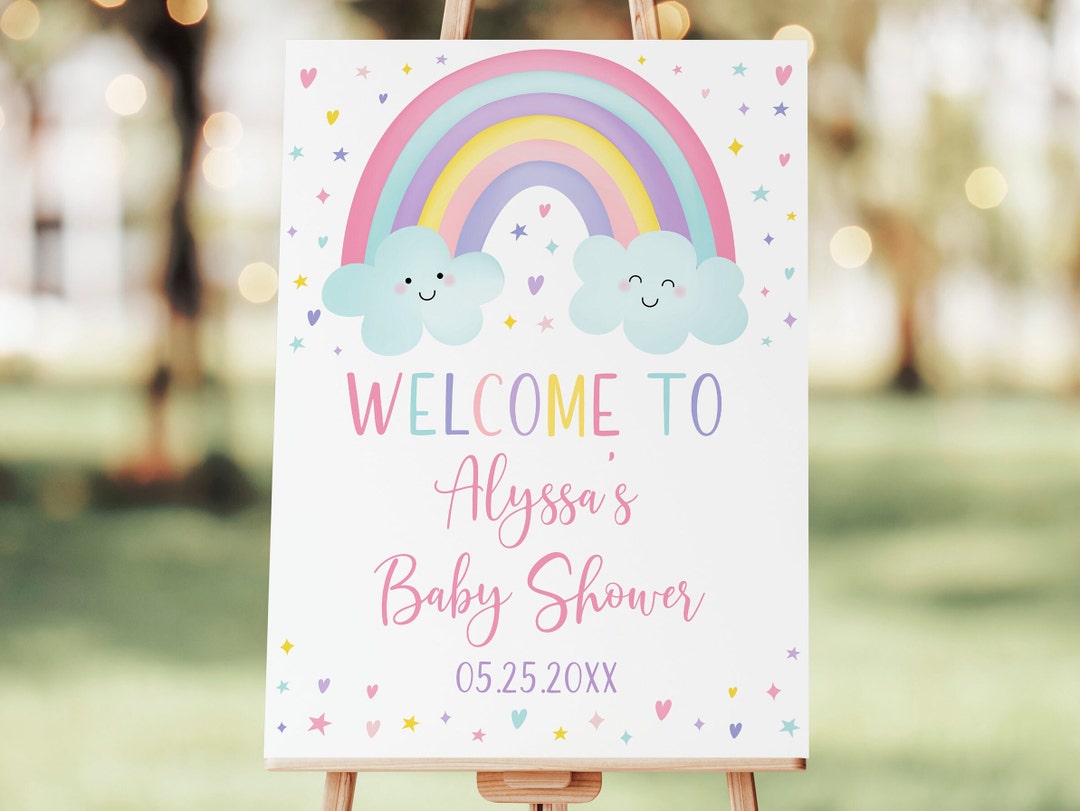 Editable Rainbow Baby Shower Welcome Sign Pastel Rainbow Clouds Stars ...
