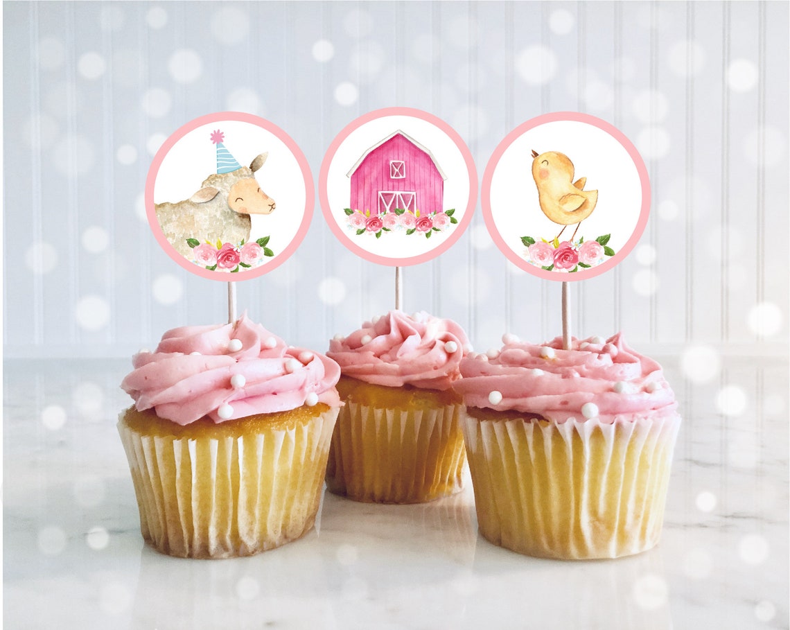 Pink Farm Birthday Cupcake Toppers Girl Farm Birthday Barnyard Birthday ...