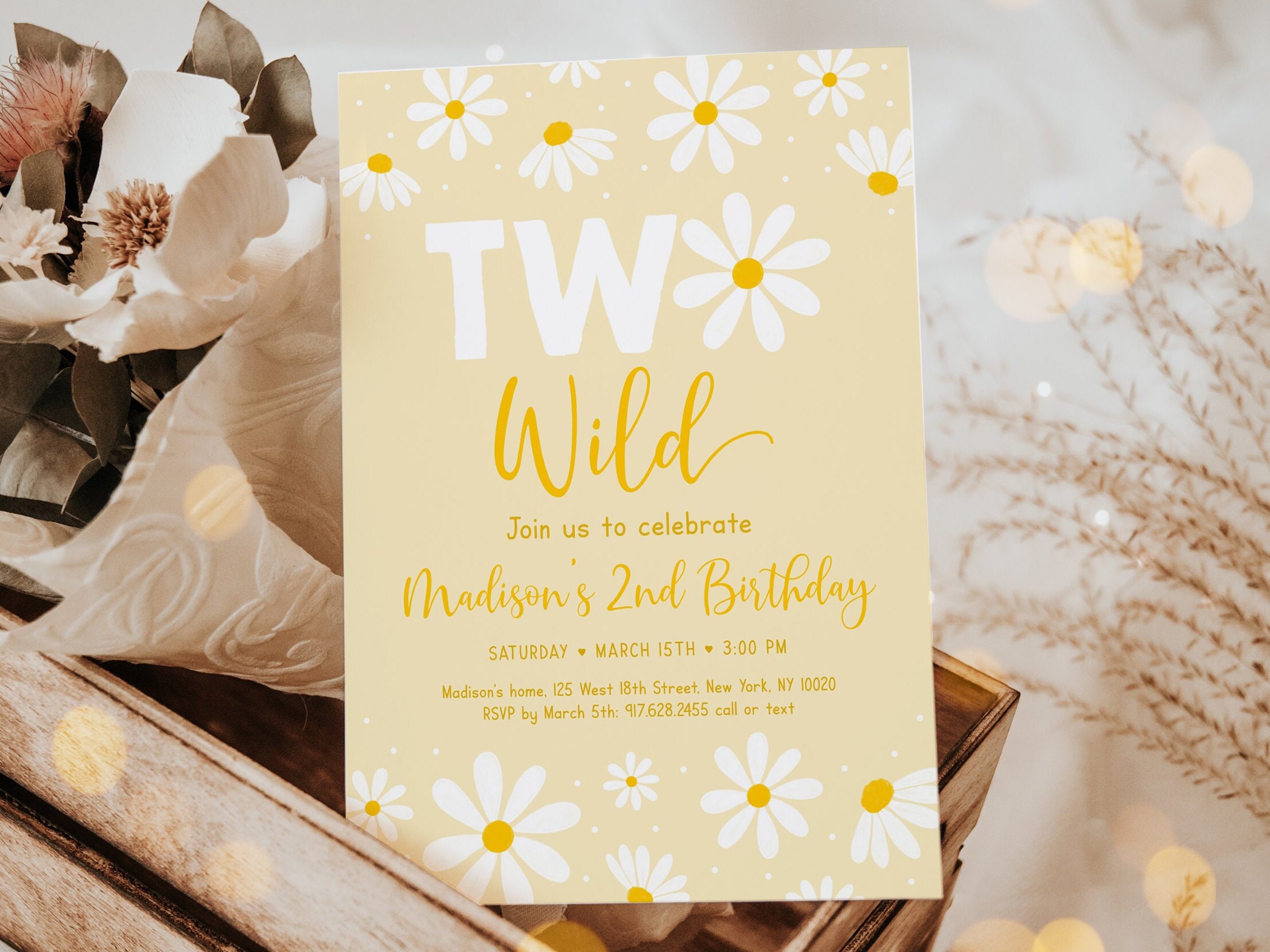 Daisy Two Wild Birthday Invitation Daisy Second Birthday Invite Yellow ...