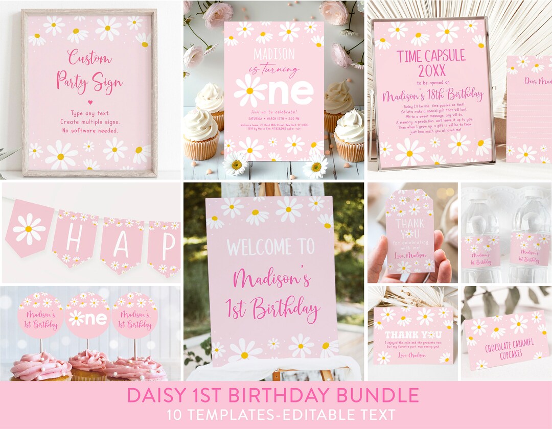 Editable Daisy First Birthday Invitation Bundle, Retro Daisy Birthday ...