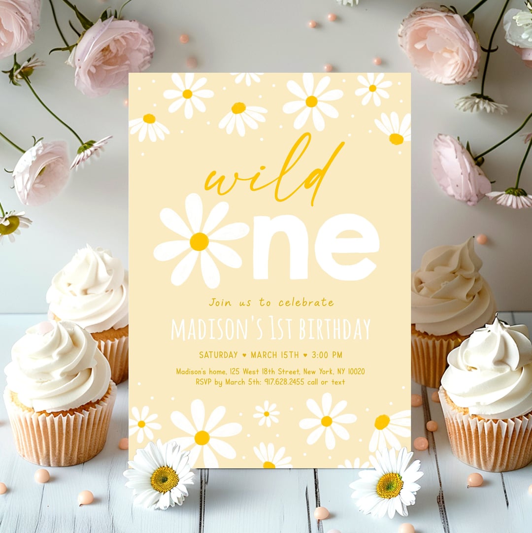 Daisy First Birthday Invitation Wild One Daisy Birthday Invite Yellow ...